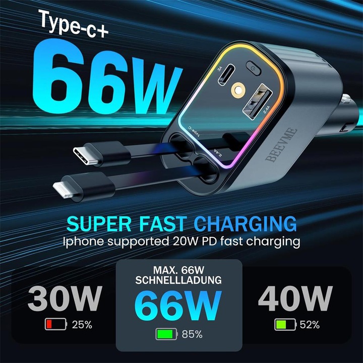 Incarcator auto 66W Fast Charge, cu cablu retractabil si proiector ...