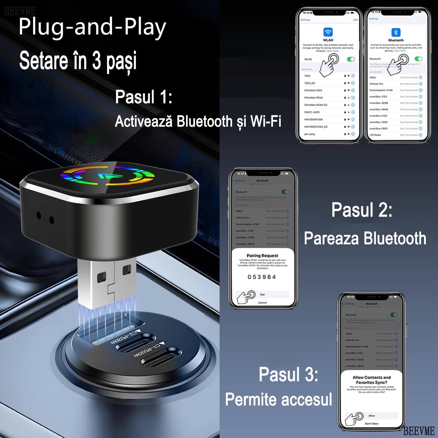 Adaptor auto wireless 2 in 1 compatibil cu iPhone Carplay, pentru ...