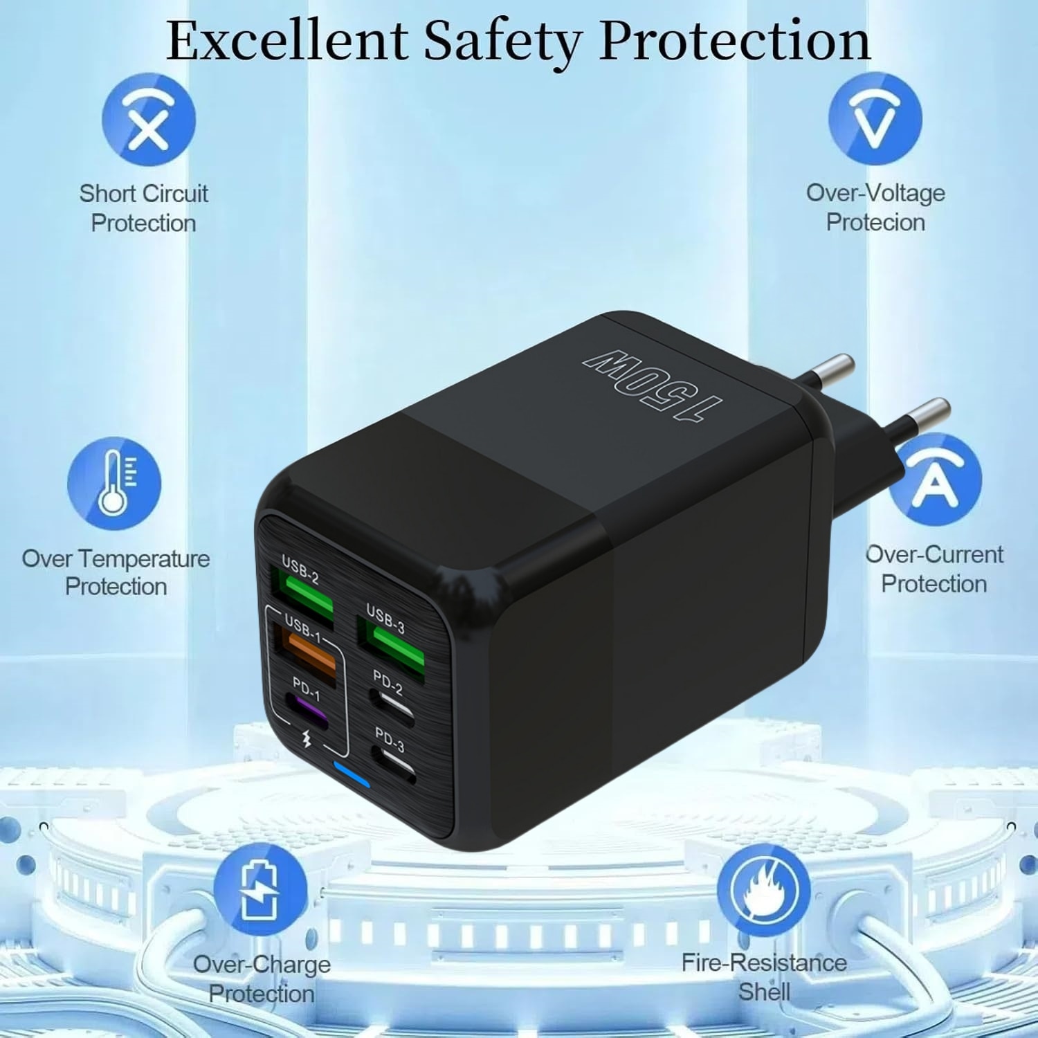 Incarcator rapid pentru telefon si tableta de 150 W, 6 porturi (port ...