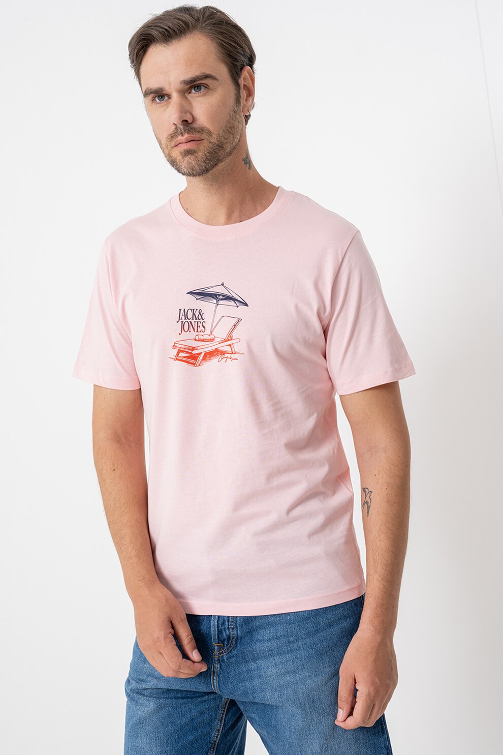 Jack & Jones, Tricou cu decolteu la baza gatului si logo, Rosu, Roz ...