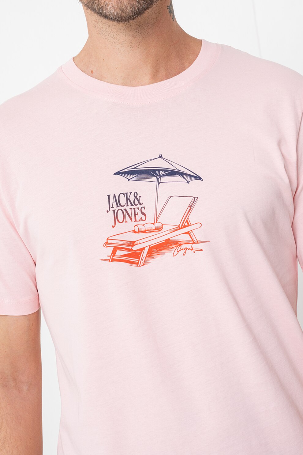 Jack & Jones, Tricou cu decolteu la baza gatului si logo, Rosu, Roz ...