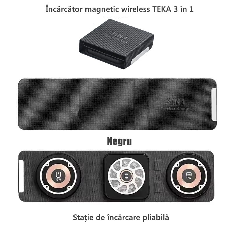 Incarcator wireless 3 in 1 TEKA, statie de incarcare pliabila din piele ...