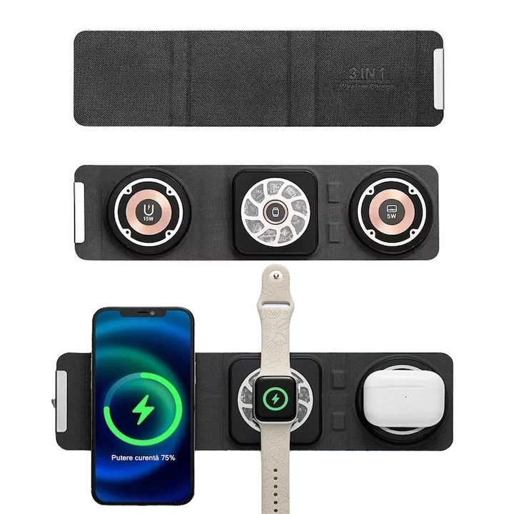 Incarcator wireless 3 in 1 TEKA, statie de incarcare pliabila din piele ...