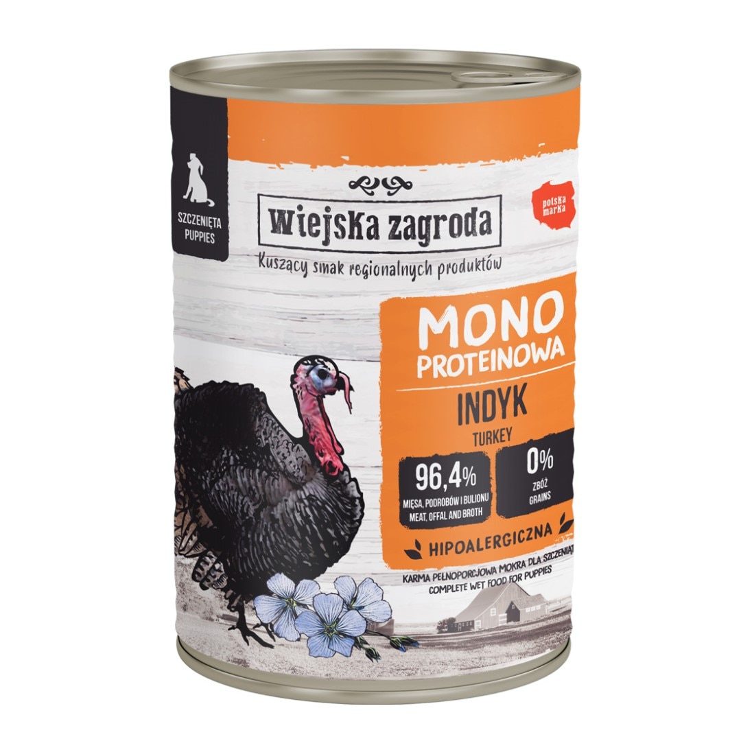 Set de hrana umeda pentru catei, Wiejska Zagroda, 400g, cu curcan, 96,4 ...