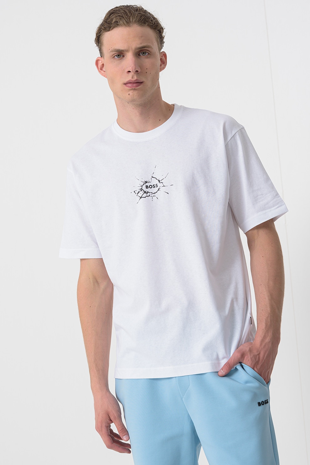 BOSS, Tricou lejer de bumbac cu logo, Negru stins, Alb optic, 3XL - eMAG.ro