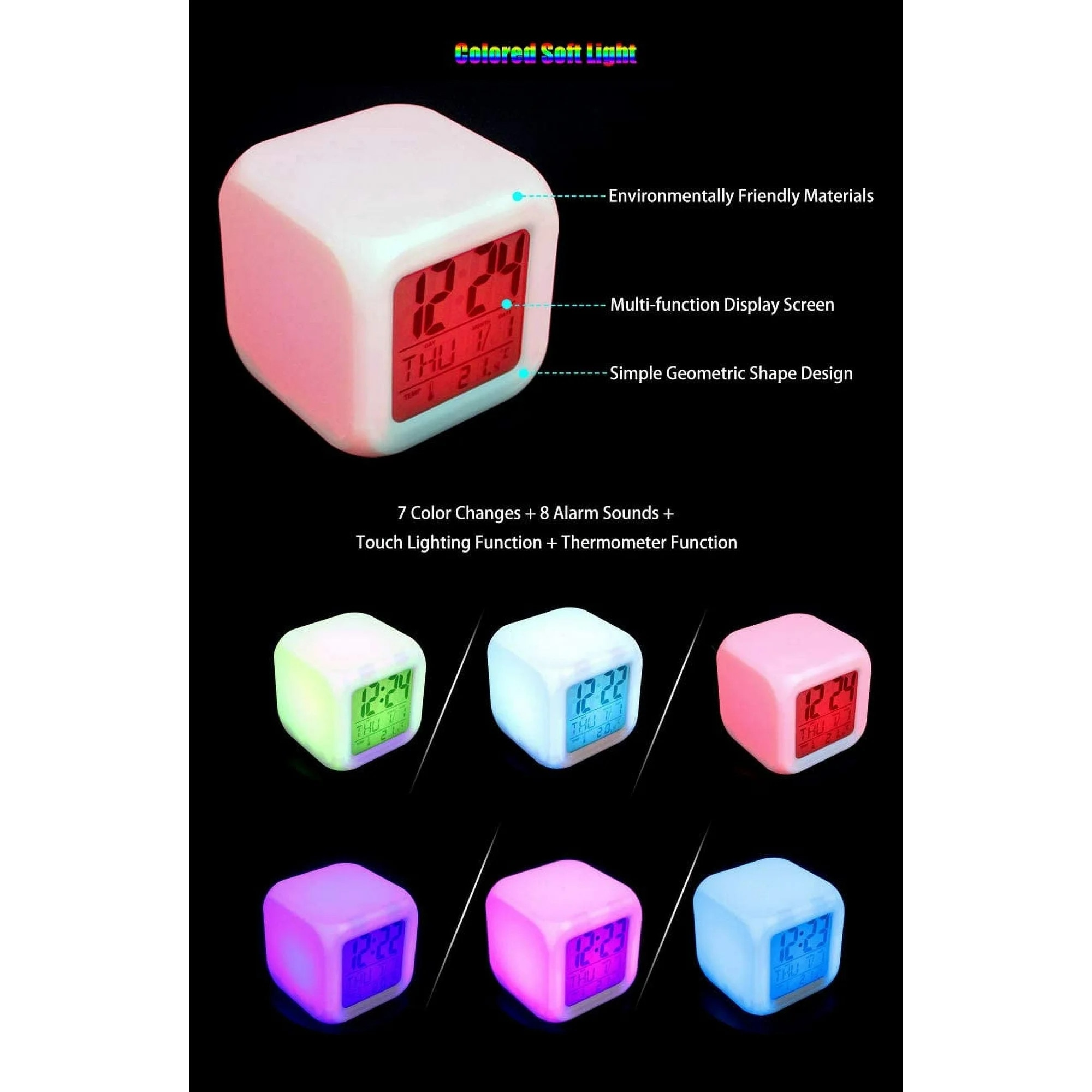 Ceas de alarma pentru copii, unicorn, 7 culori LED, 8x8x8cm, set de ...