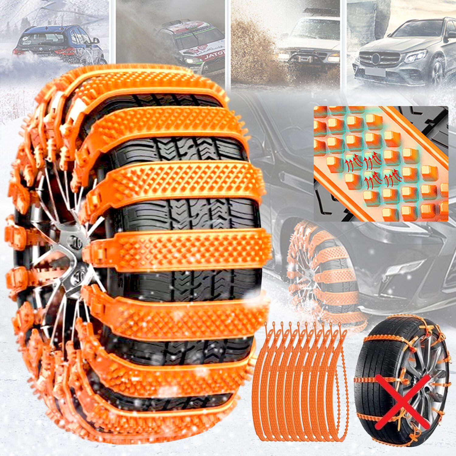 Set 10 benzi antiderapante auto tip lanturi, Puepoul, Din TPU Rezistent ...