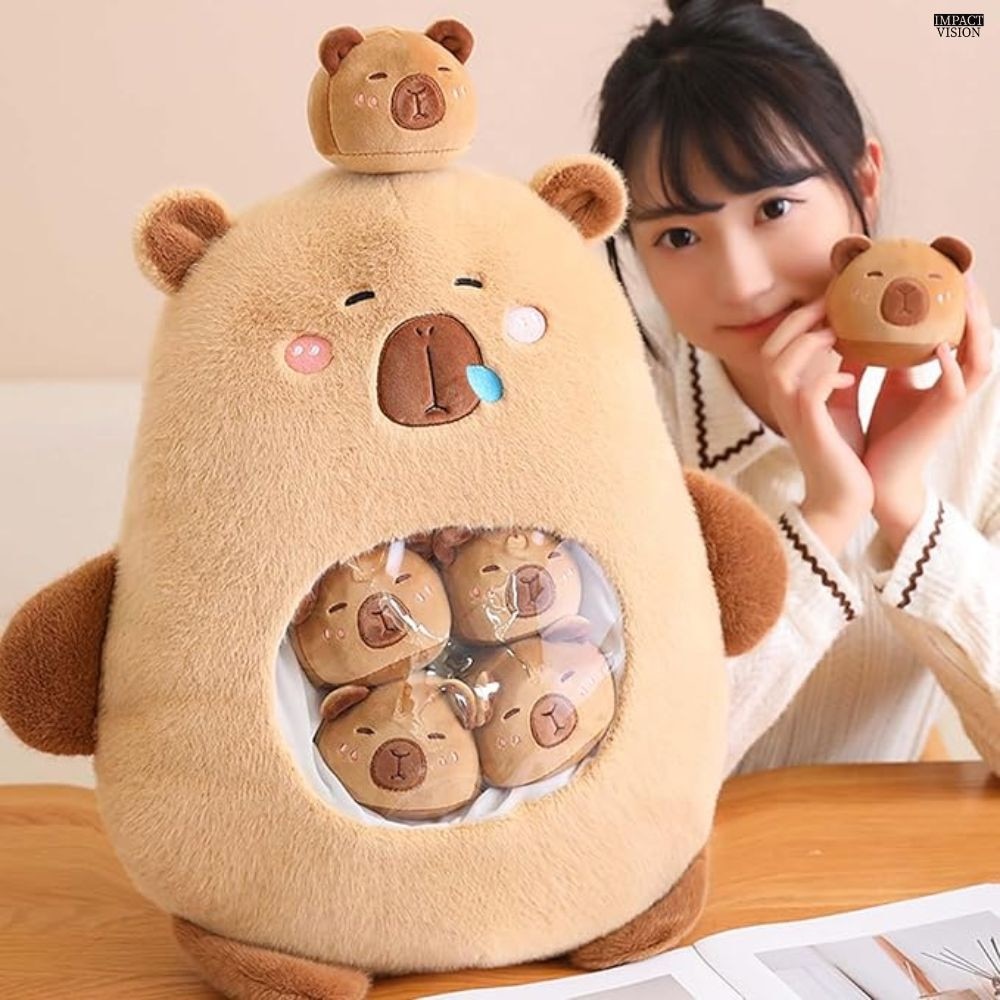 Jucarie de plus Capibara cu 6 pui, Maro, 50 cm, Impact Vision® - eMAG.ro