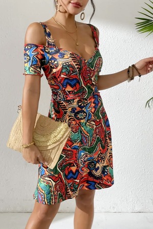 Rochie de vara, cu umerii goi, print geometric, croi in A, marimea XXL ...