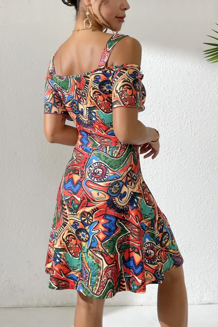Rochie de vara, cu umerii goi, print geometric, croi in A, marimea XXL ...