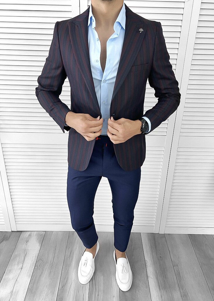 Sacou pentru barbati, slim fit, in dungi, 574, bleumarin - eMAG.ro