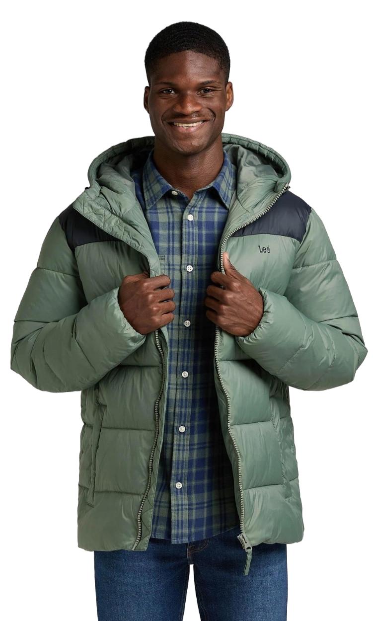 Jacheta puffer Lee, verde intens, cu gluga, poliamida, poliester, 2XL ...