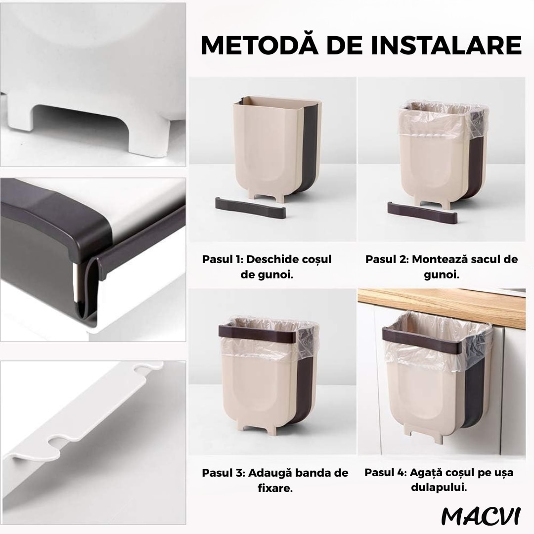 Cos gunoi pliabil Macvi® 30x25 cm crem, agatare pe dulap, ideal pentru ...