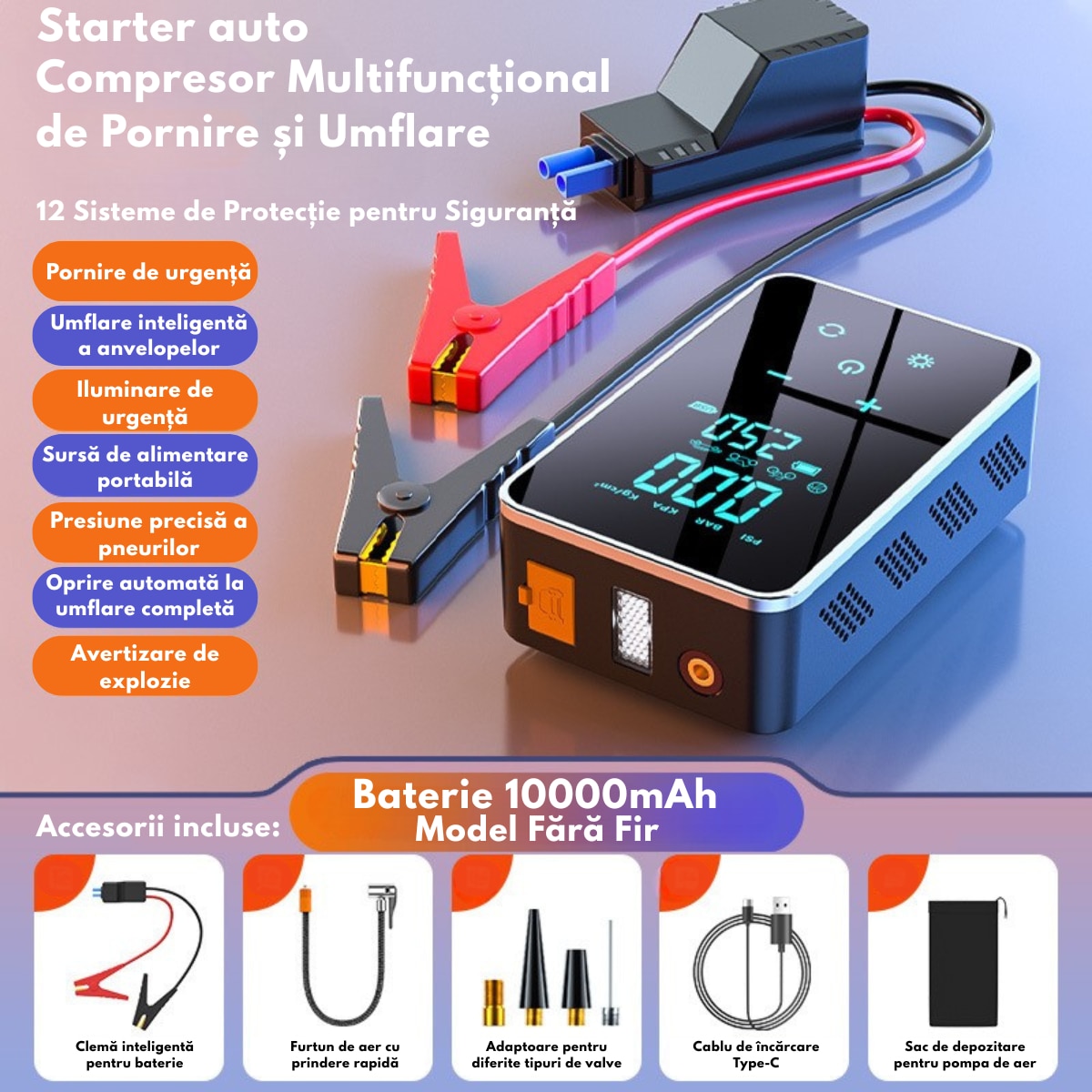 Starter auto portabil cu Compressor Multifunctional 4 in 1, Wireless cu ...
