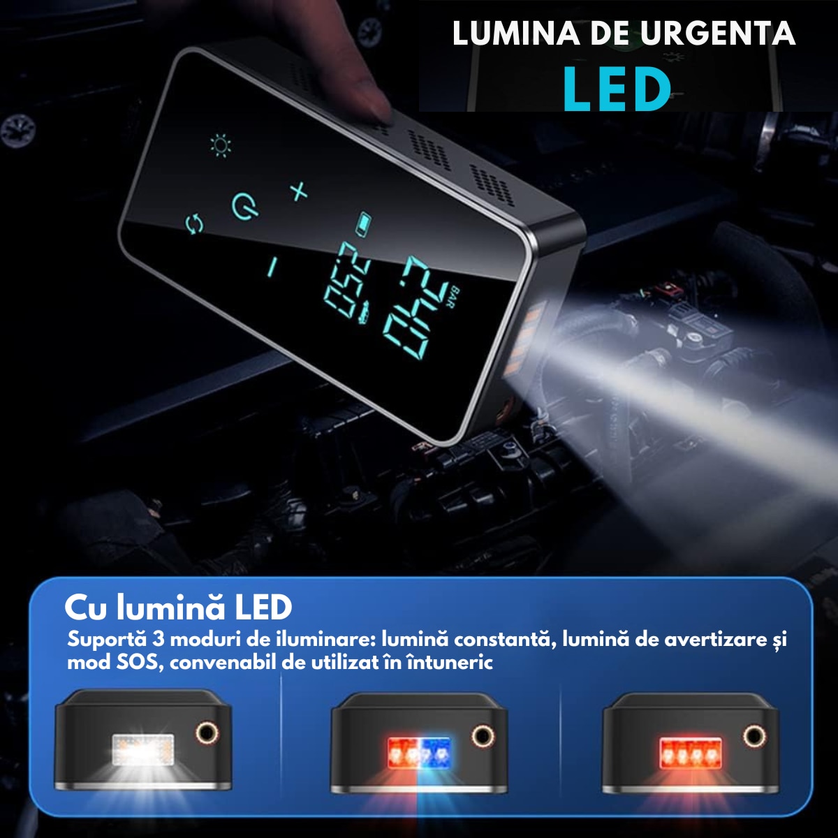 Starter auto portabil cu Compressor Multifunctional 4 in 1, Wireless cu ...