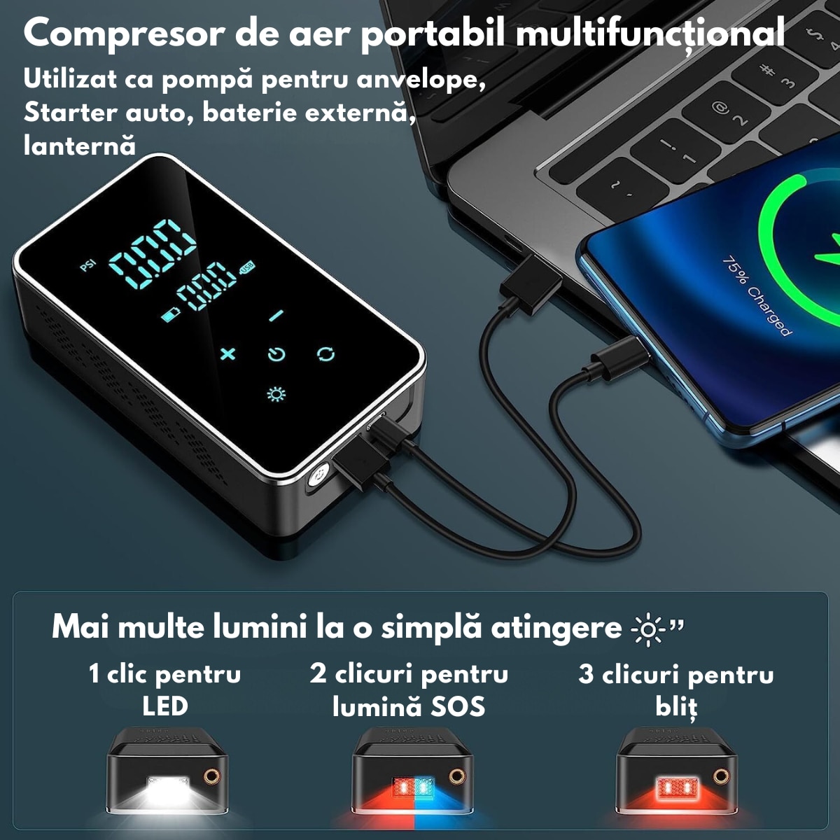 Starter auto portabil cu Compressor Multifunctional 4 in 1, Wireless cu ...