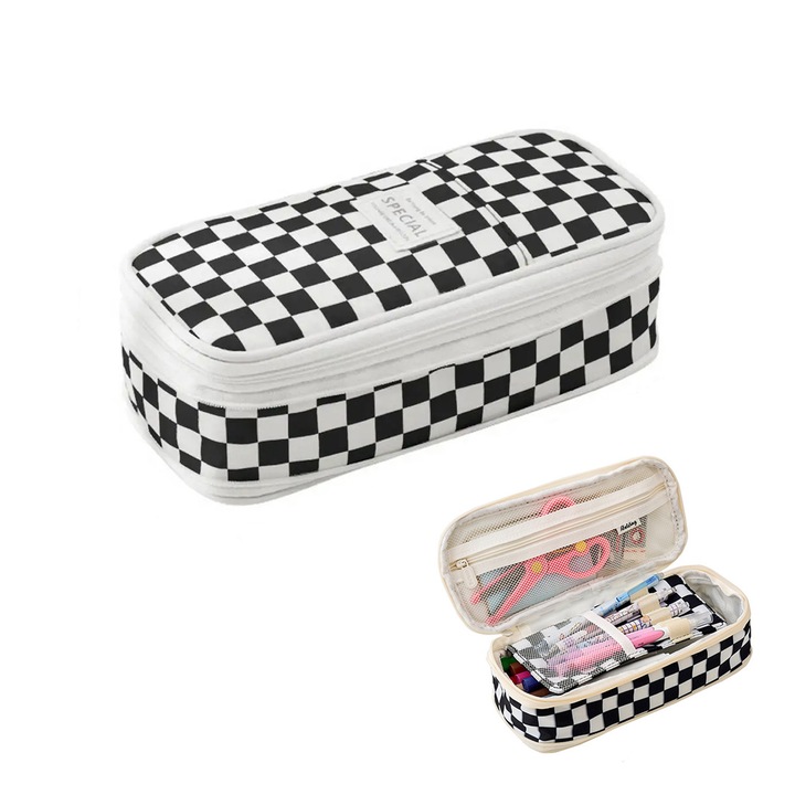 Penar, Trei compartimente, Elemente in carouri, Negru, 22x11x6.5 cm ...