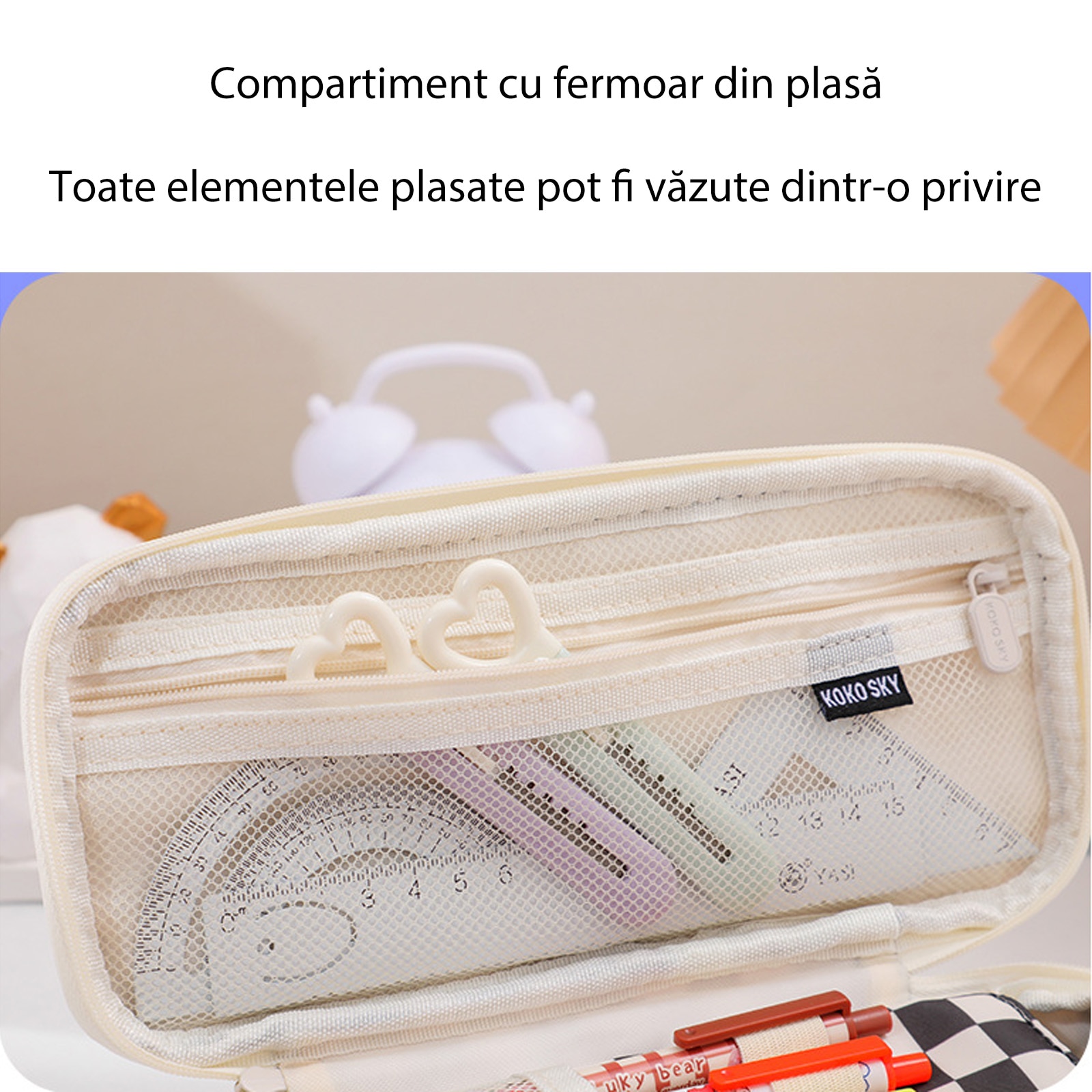 Penar, Trei compartimente, Elemente in carouri, Negru, 22x11x6.5 cm ...