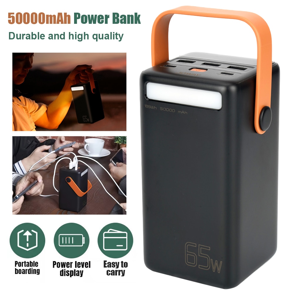 Baterie Externa Portabila, 50000 mAh, 65W, de uz incarcare laptop + telefon, 2 x USB-C PD, 3 x ...