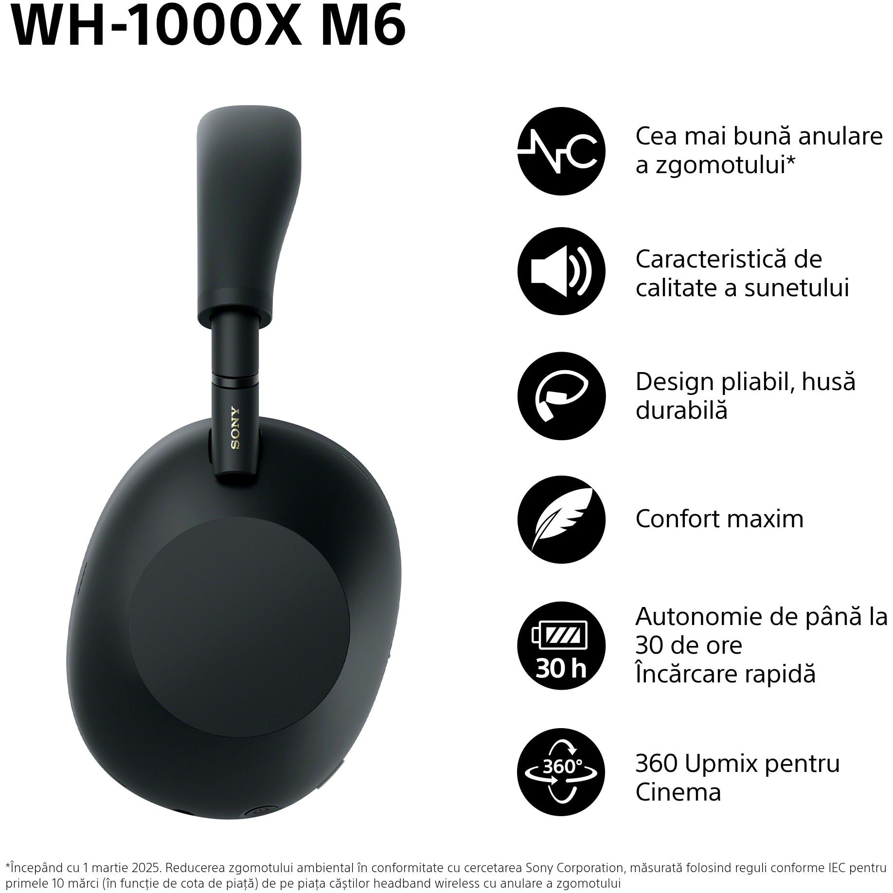 Sony WH-1000XM6B. Casti Over the Ear, Wireless, Bluetooth, Hi-Res Audio ...