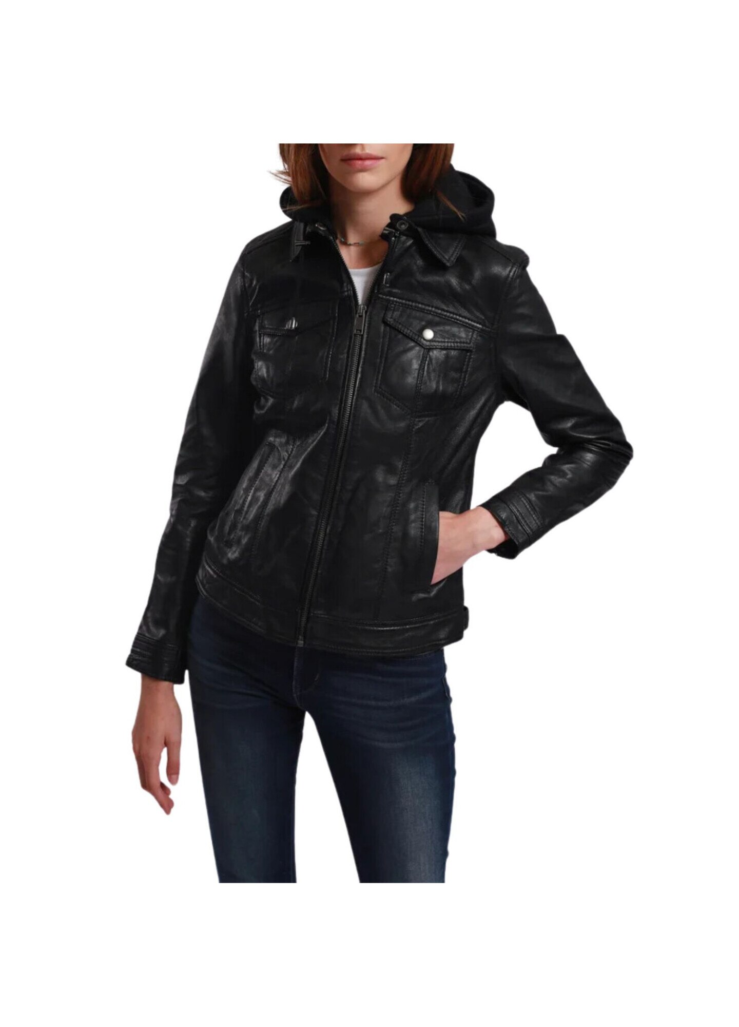 Jacheta dama Lee Cooper, piele naturala, cu gluga, neagra, marimea XL ...