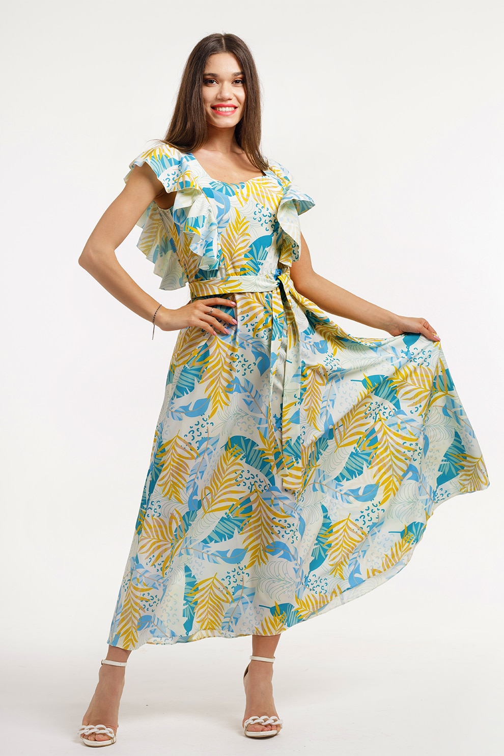CAMISSI, Rochie midi cu croiala in A, model si cordon in talie, Alb ...