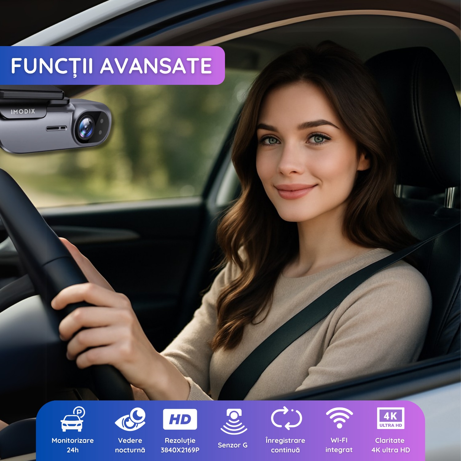 Camera Video De Bord Auto, IMODIX®, 4K UHD, Rezolutie 3840x2160, Wi-Fi ...