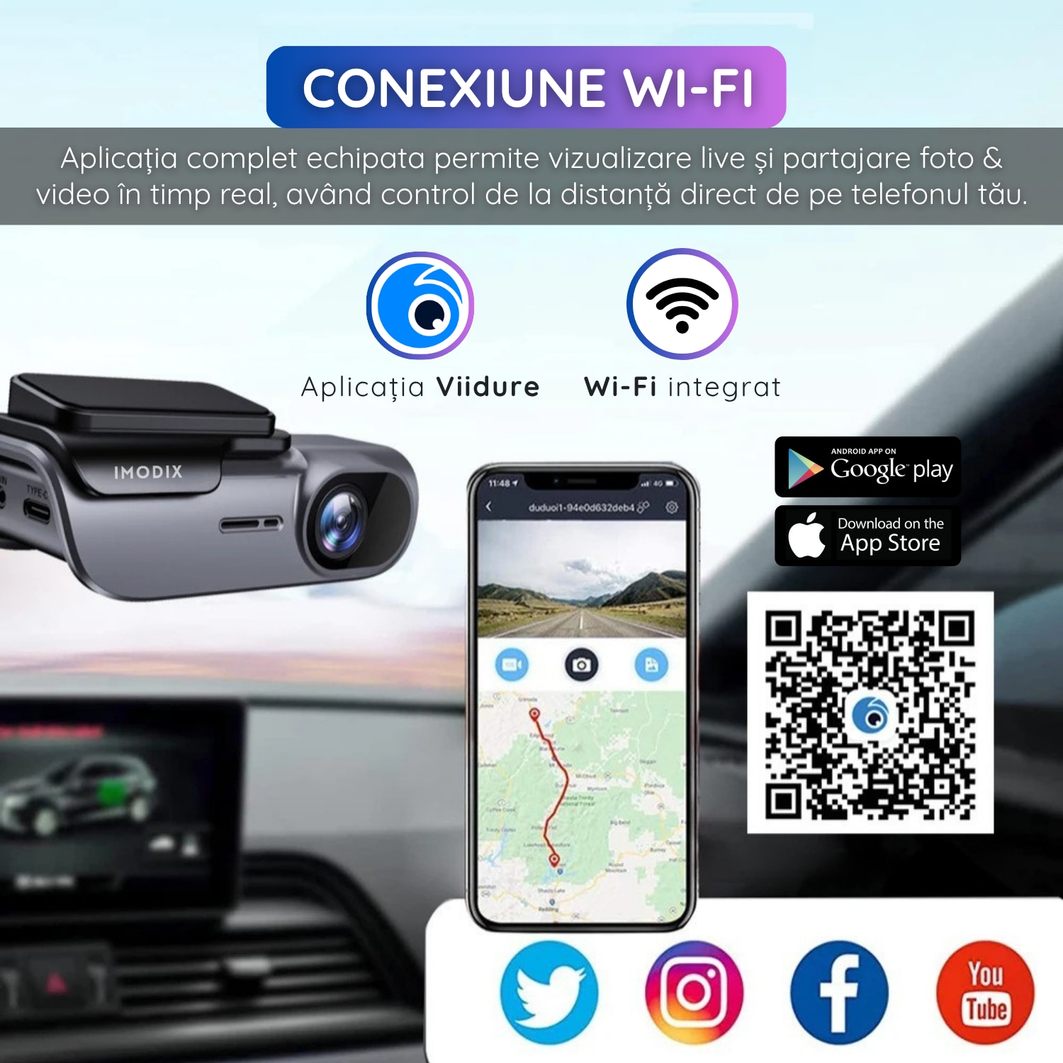 Camera Video De Bord Auto, IMODIX®, 4K UHD, Rezolutie 3840x2160, Wi-Fi, Vedere Nocturna, Unghi ...