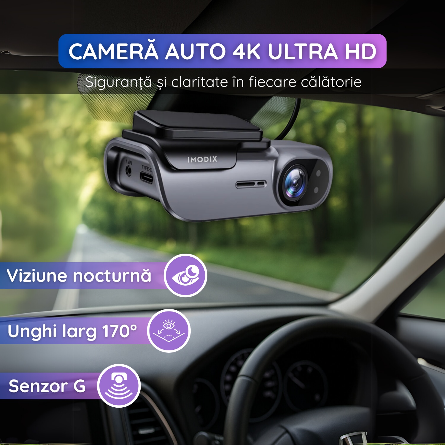 Camera Video De Bord Auto, IMODIX®, 4K UHD, Rezolutie 3840x2160, Wi-Fi ...