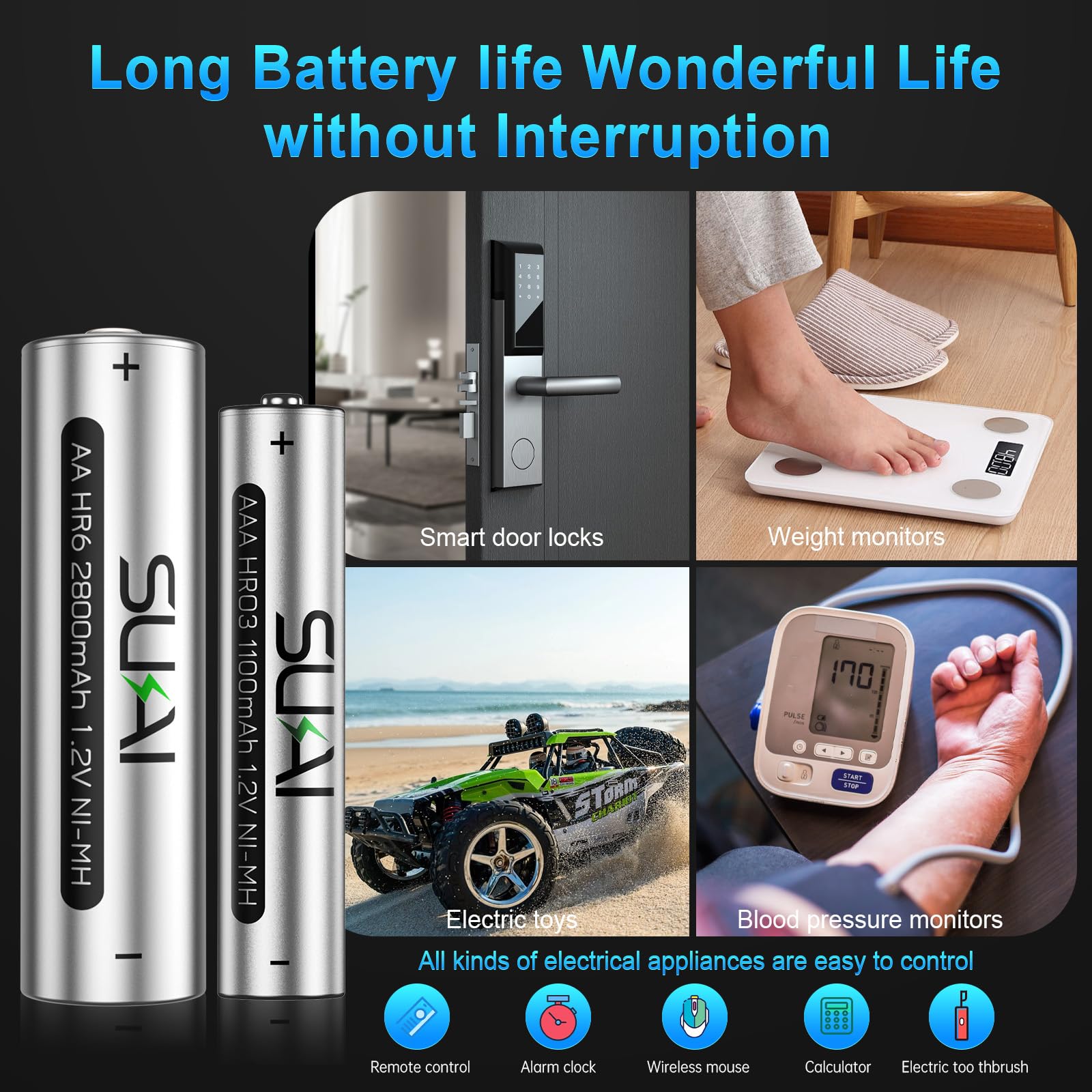 Baterii reincarcabile Sukai® AAA 8 buc, HR03, 1.2V, acumulatori Ni-MH de 1100 mAh, 2 cutii de ...