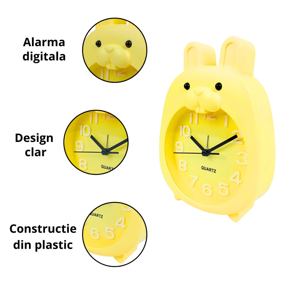 Ceas Desteptator Silentios cu Design Animalut, Galben, 18 cm, Fara ...