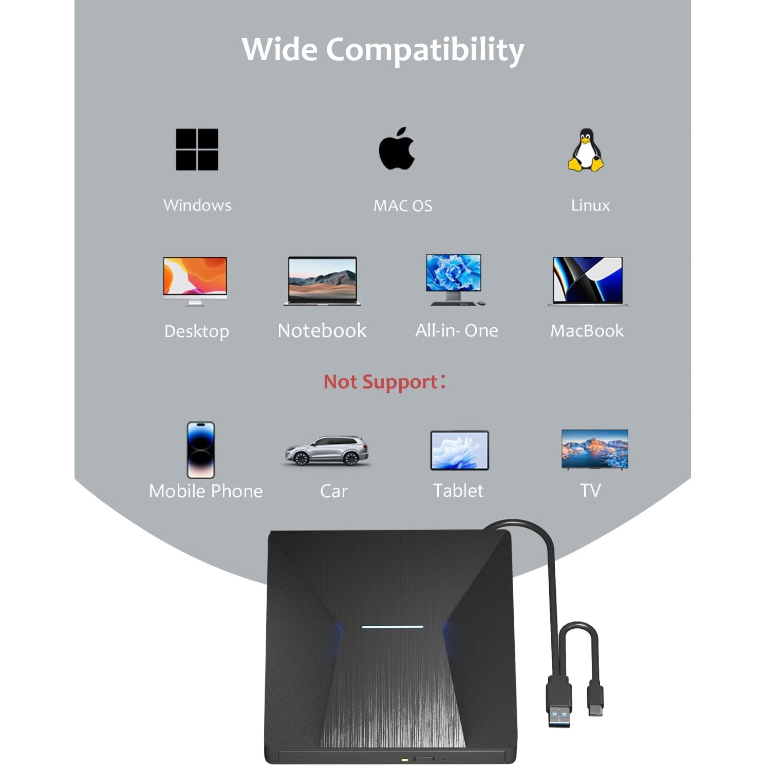 DVD writer extern, USB 3.0, CD, DVD +/-, RW Cablu tip C, Compatibil laptop, PC, Desktop, Mac ...