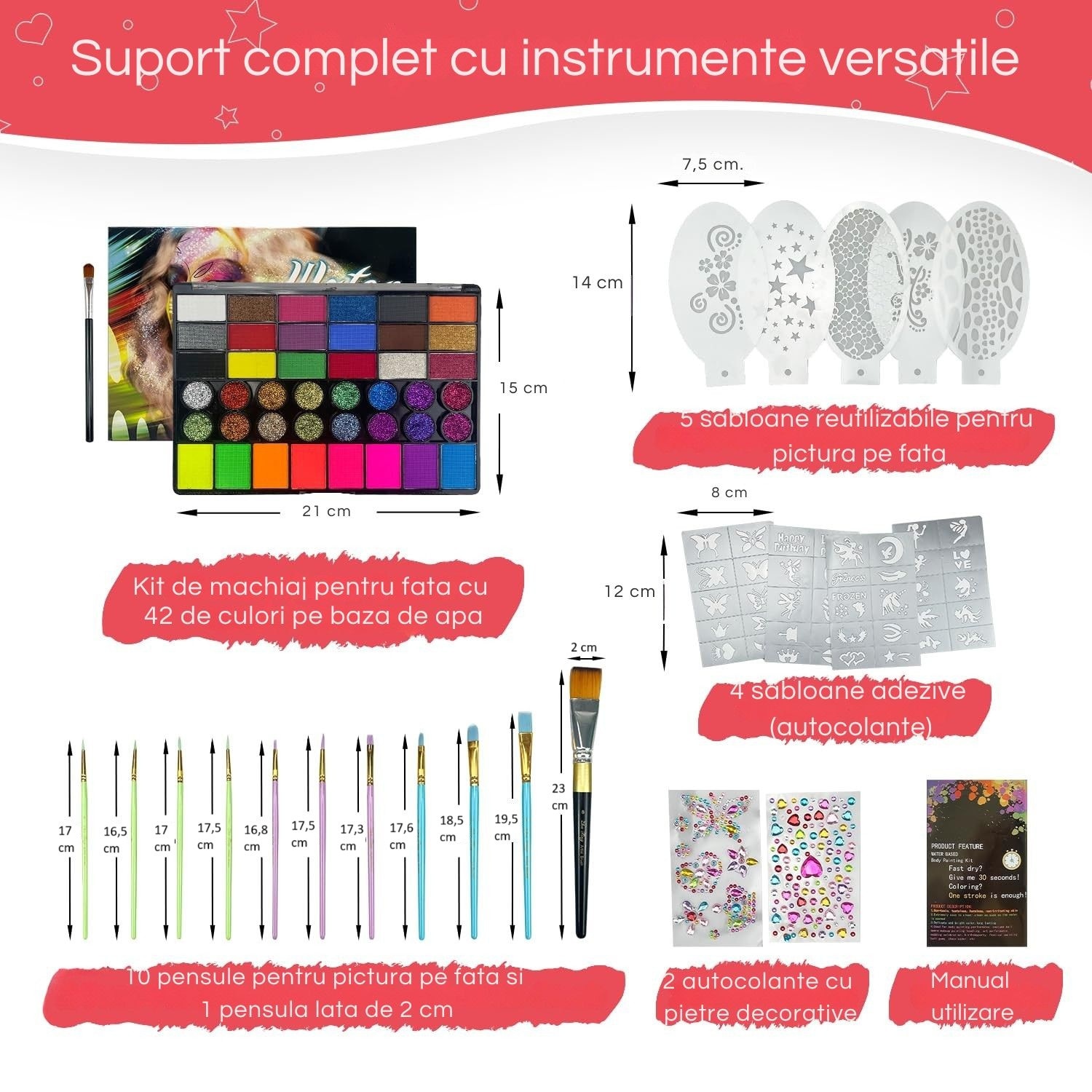 Set profesional Giftry®, pictura pe fata si corp, copii si adulti, 42 ...