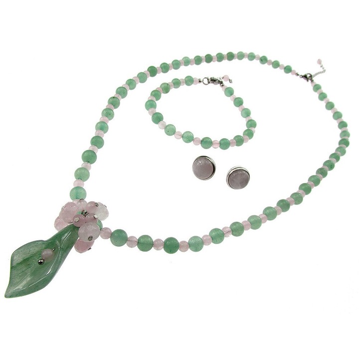 Set aventurin si cuart roz cu pandantiv cala, GlamBazaar, 52 cm, cu ...