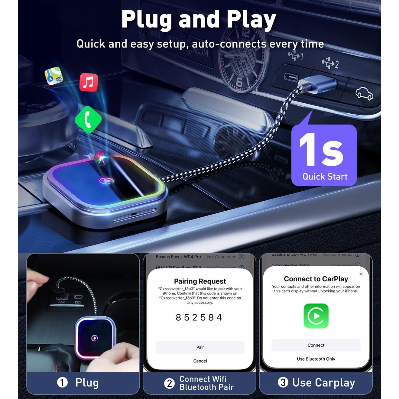 Adaptor Carplay wireless pentru iPhone, MOSMAOO, Design audio cu ...
