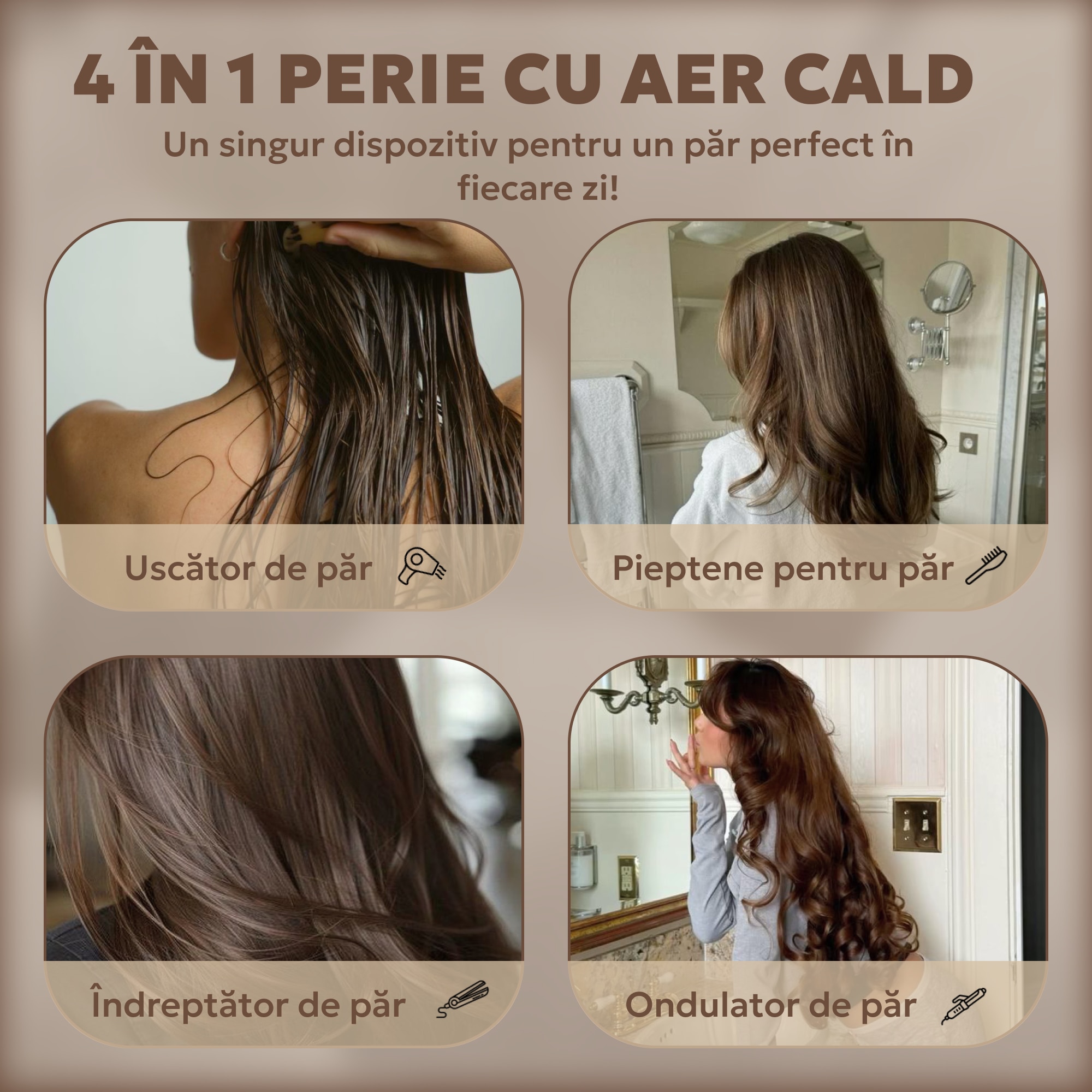 Perie de Par Electrica, 4 In 1, SeveShop®, Styler Portabil, Perie ...