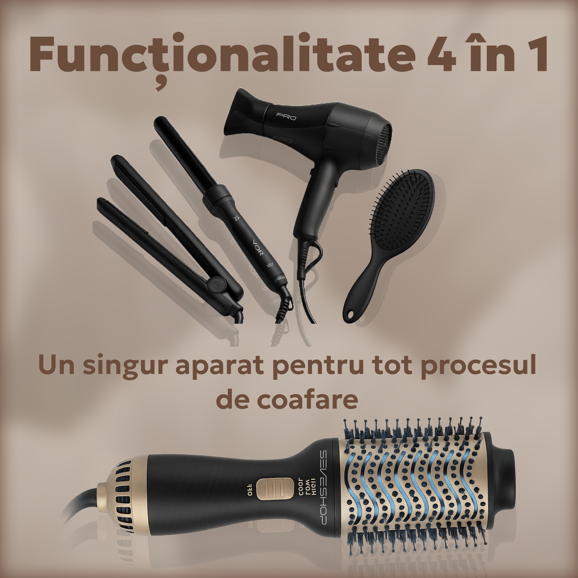 Perie de Par Electrica, 4 In 1, SeveShop®, Styler Portabil, Perie ...