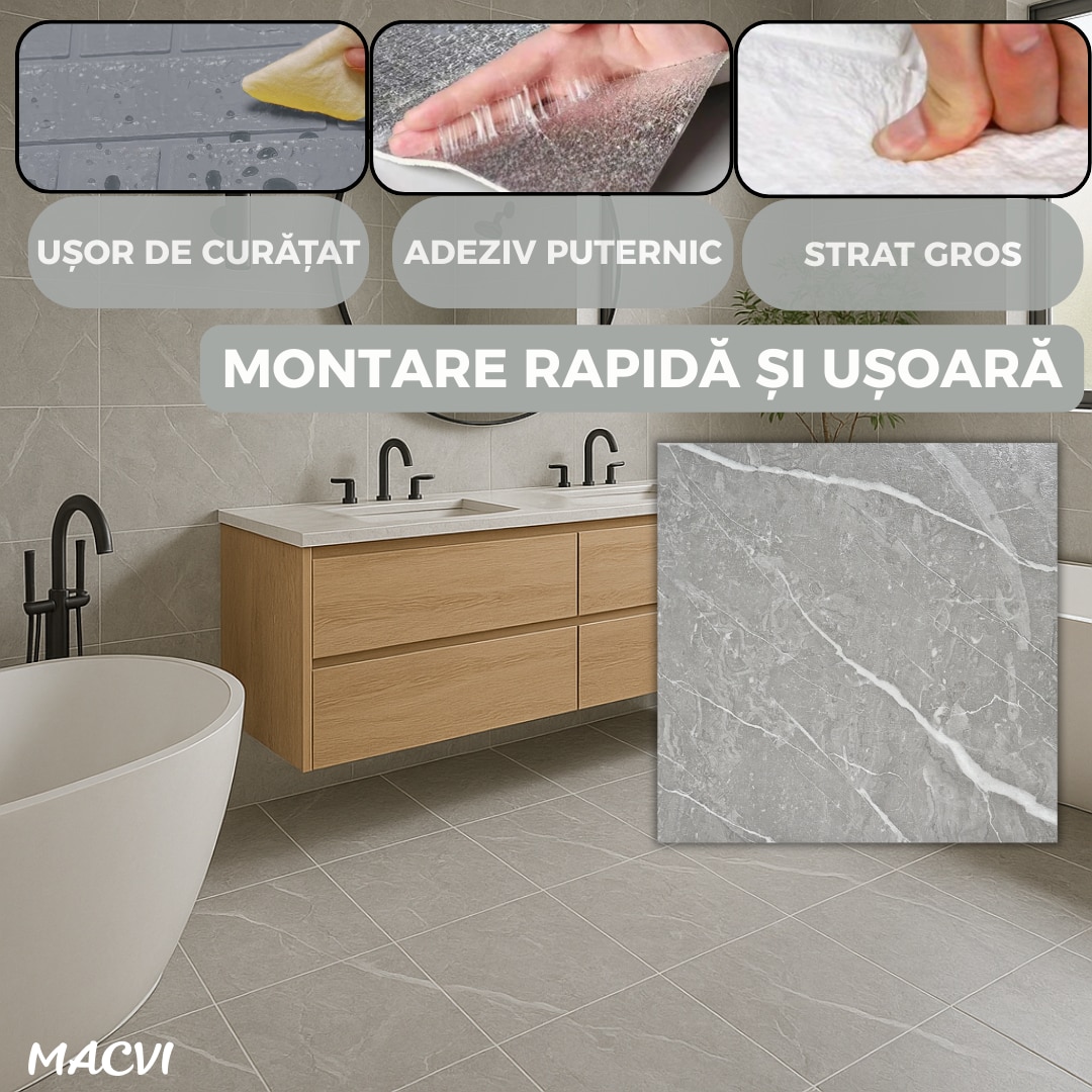 Set 24 placi autoadezive Macvi® pentru podea, stil marmura gri deschis ...