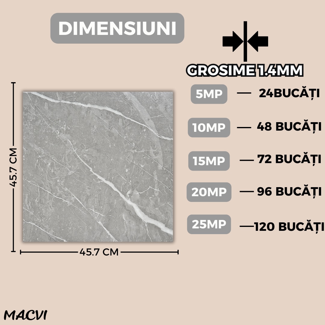 Set 24 placi autoadezive Macvi® pentru podea, stil marmura gri deschis ...