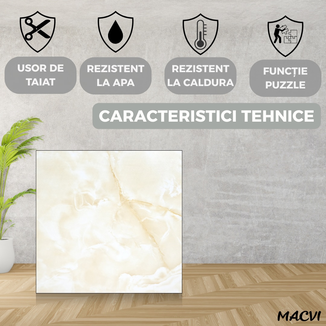 Set 24 placi autoadezive Macvi® pentru podea, stil marmura galben PVC ...