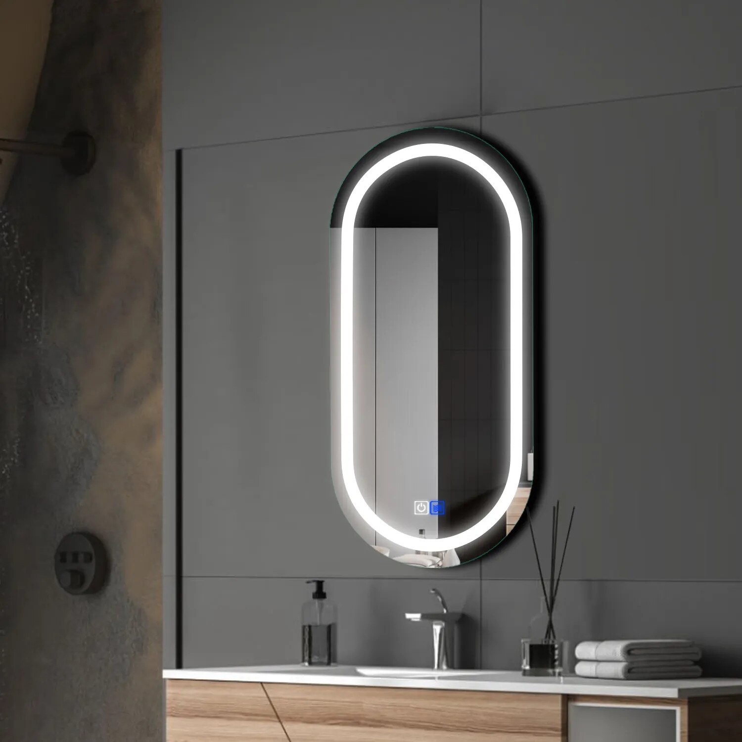 Oglinda LED 70x140 cm Ovala, LED 6000K Rece, 2 Butoane Touch, Functie ...
