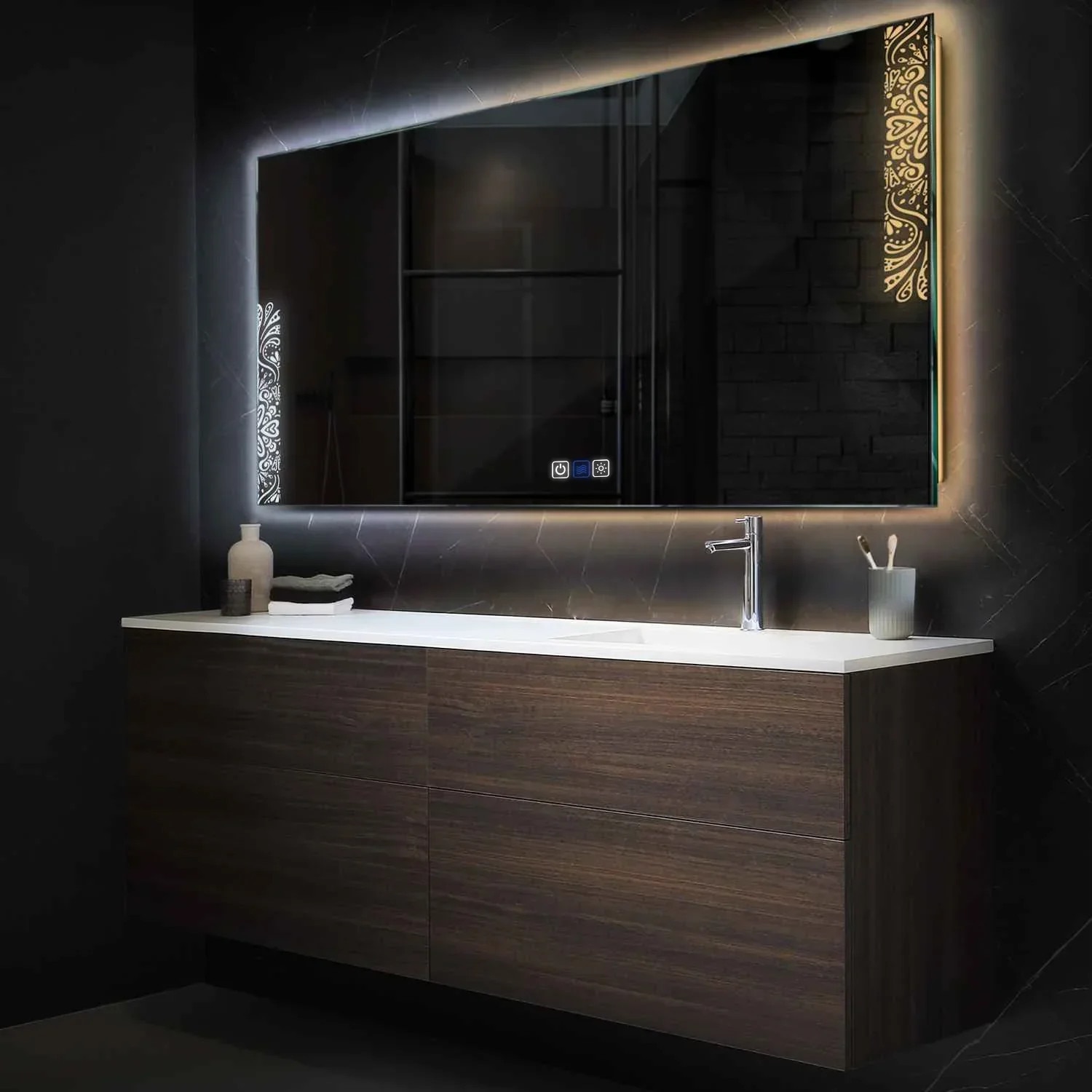 Oglinda LED 110x60 cm Orizontala, LED 3000K-6000K Dual, 3 Butoane Touch ...