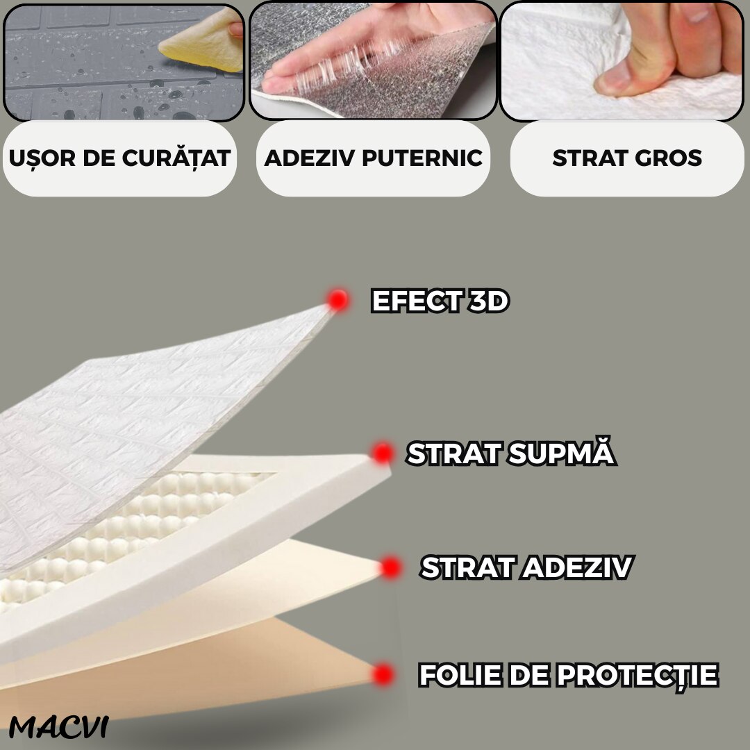 Set 10 Bucati Tapet 3D Autoadeziv, Macvi®, dimensiuni 70x77, Model ...