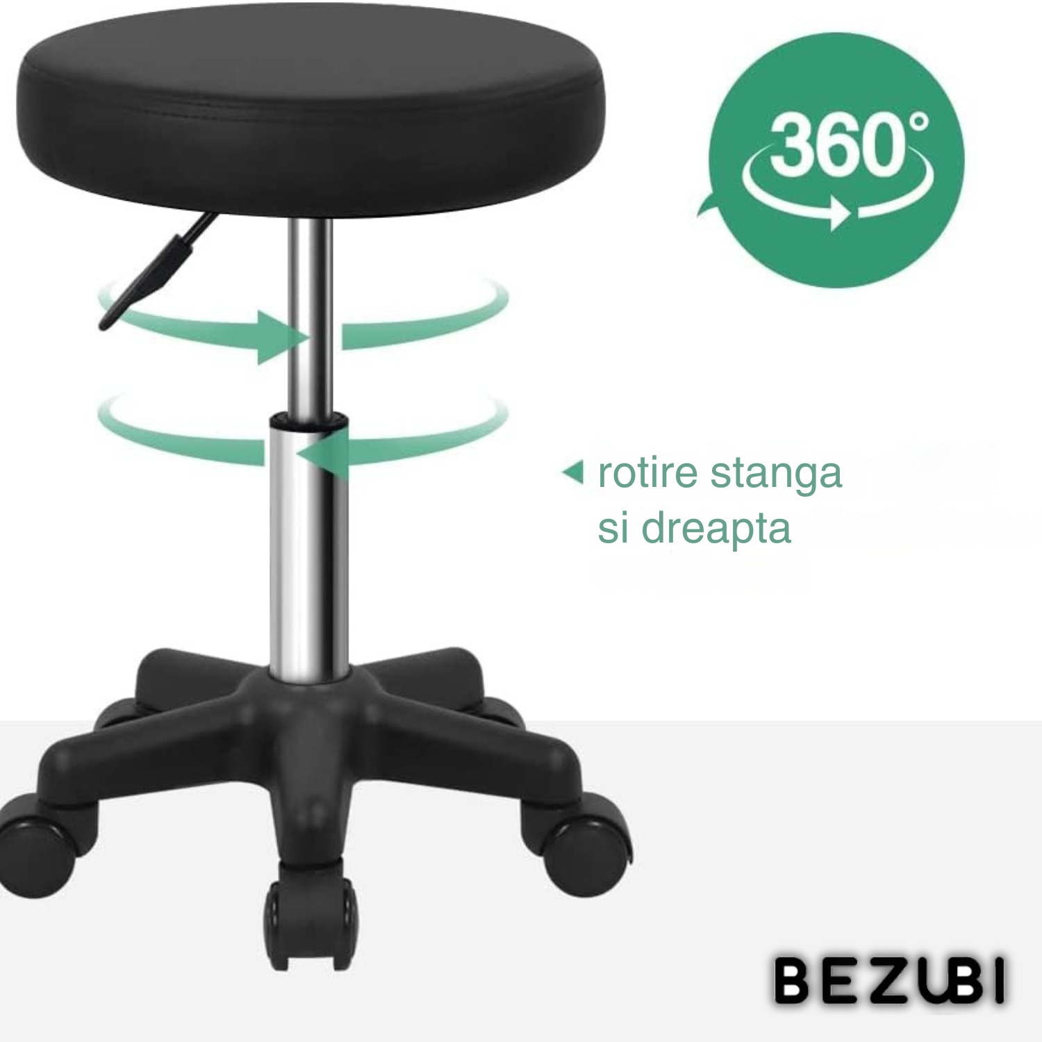 Scaun rotativ cu roti, Bezubi Tab, sezut rotund negru, reglabil pe ...