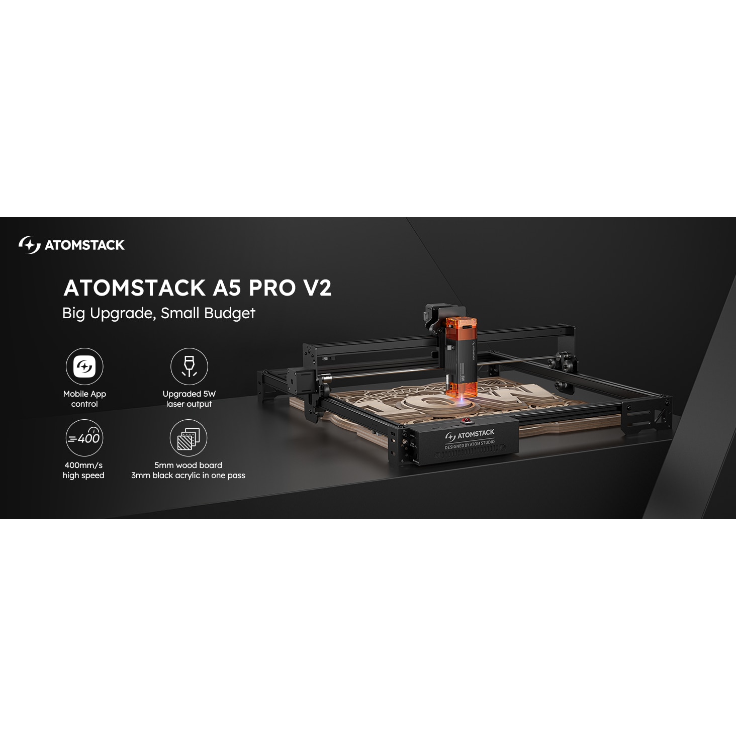 Лазерна гравираща машина AtomStack A5 PRO V2, мощност 6W, скорост 24000 ...