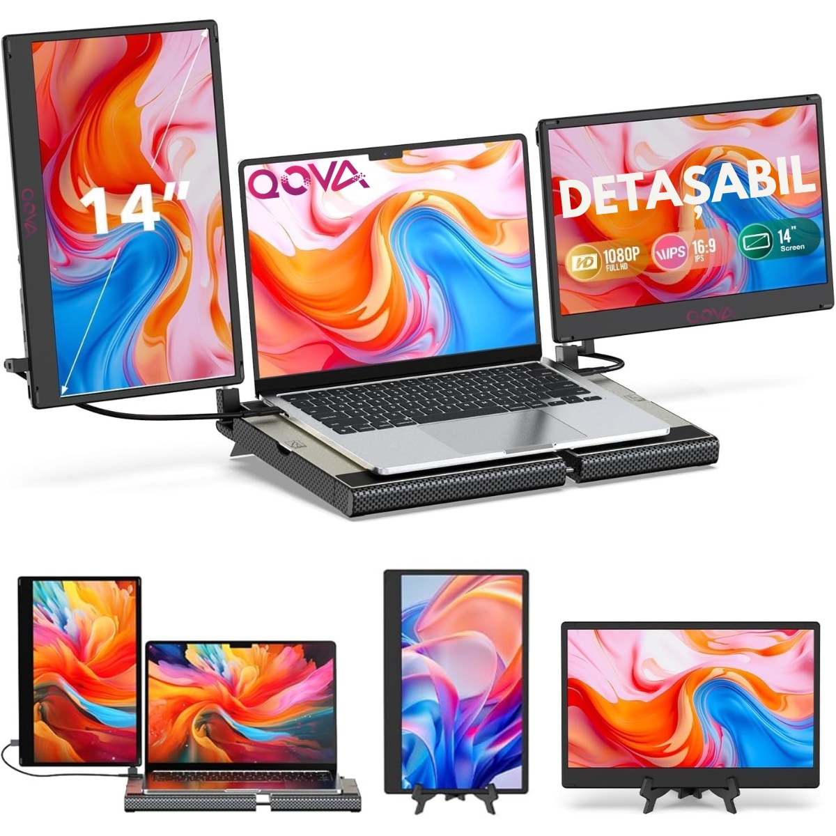 Monitor Extensibil si Portabil Dublu 14" FHD 1080p, Baza de Suport cu ...