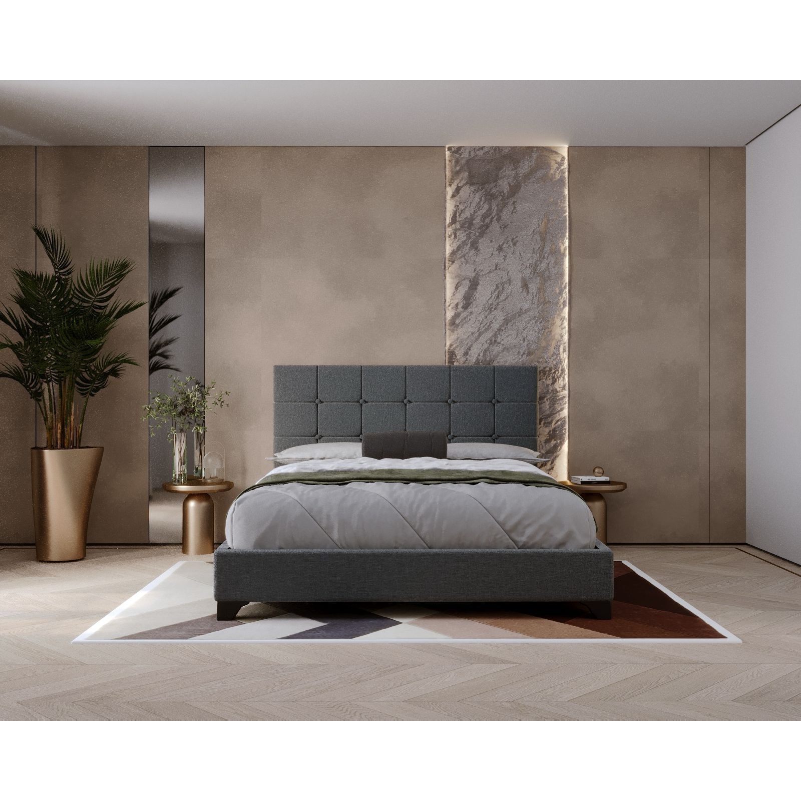 Pat dublu tapitat Modern 160x200cm, suport saltea inclus, culoare Gri ...