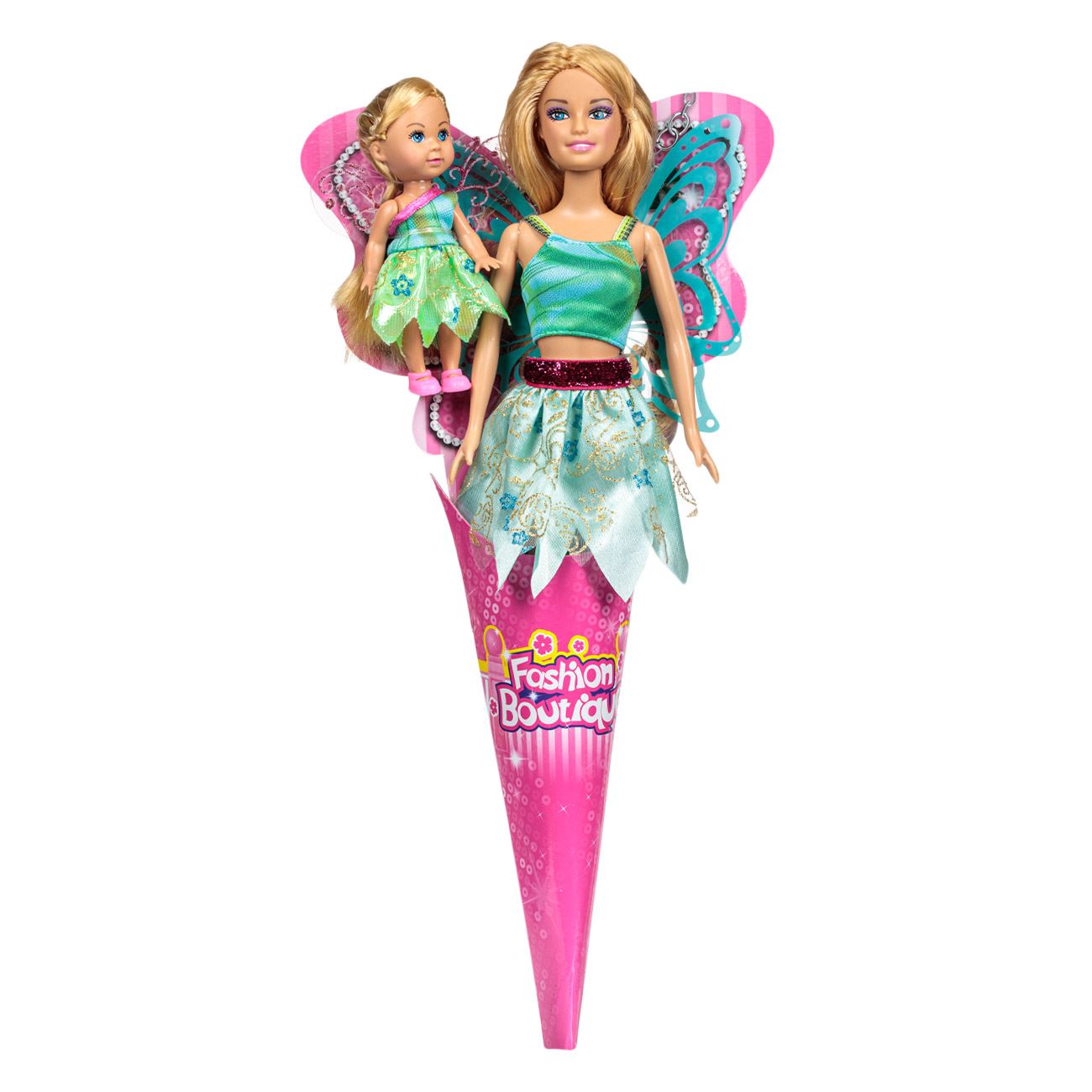 Set Papusa Zana cu Copil, par lung blond, rochie scurta, aripi, rochie ...