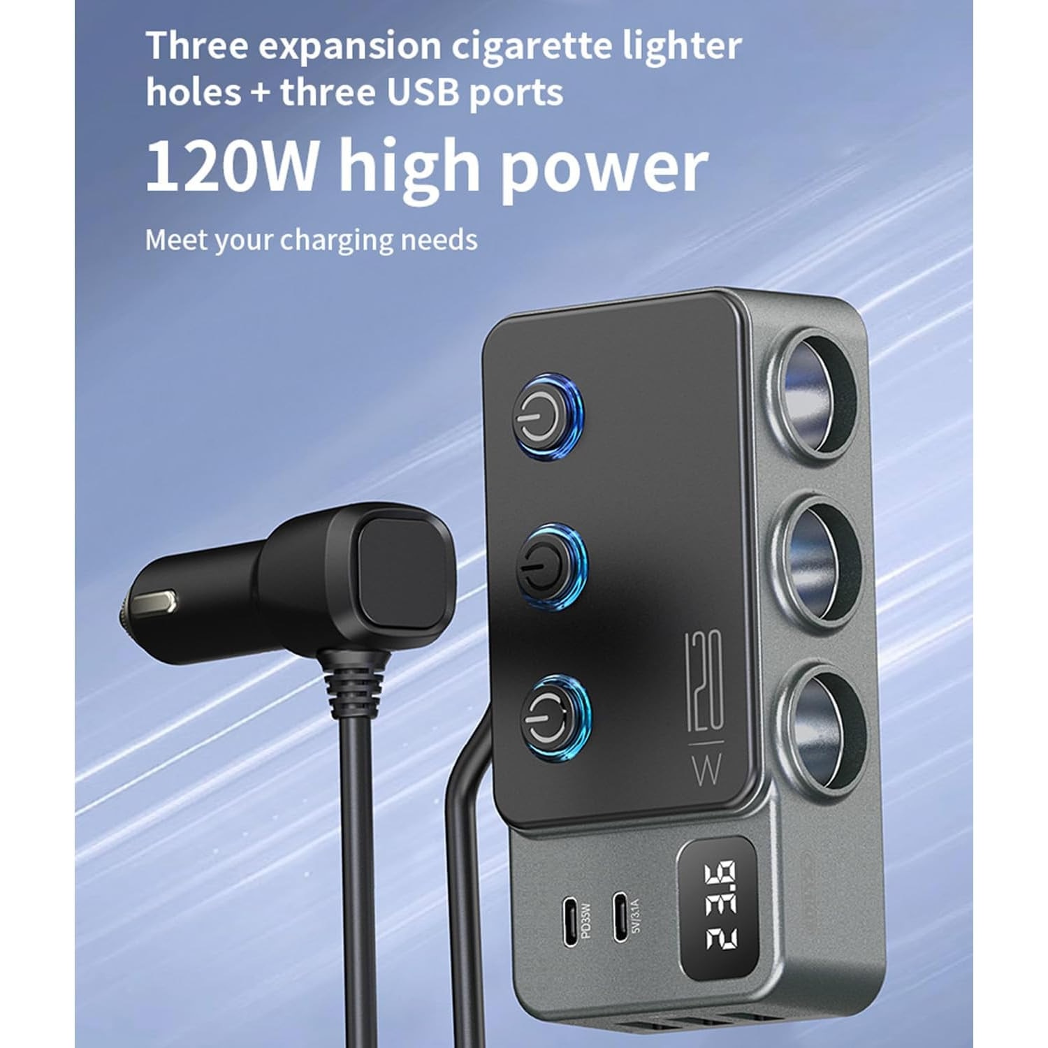 Adaptor priza auto 8 in 1, 120W, 3x Soclu auto, 3 x QC3.0 USB, 2 x 35W ...