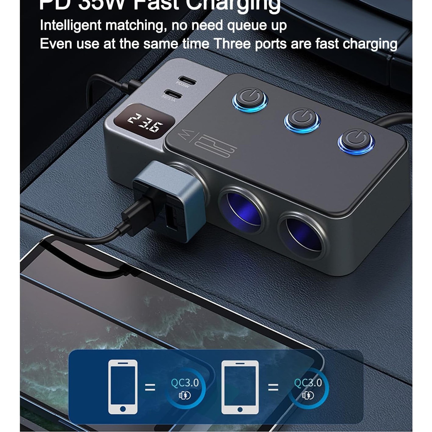 Adaptor priza auto 8 in 1, 120W, 3x Soclu auto, 3 x QC3.0 USB, 2 x 35W ...